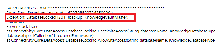 执行 Vault 备份或恢复时显示“异常： DatabaseLocked [201]（备份，KnowledgeVaultMaster）”