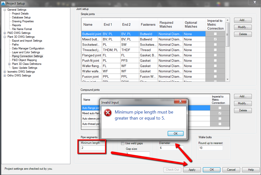 How to set a minimum pipe length which is less than 5mm in Plant 3D