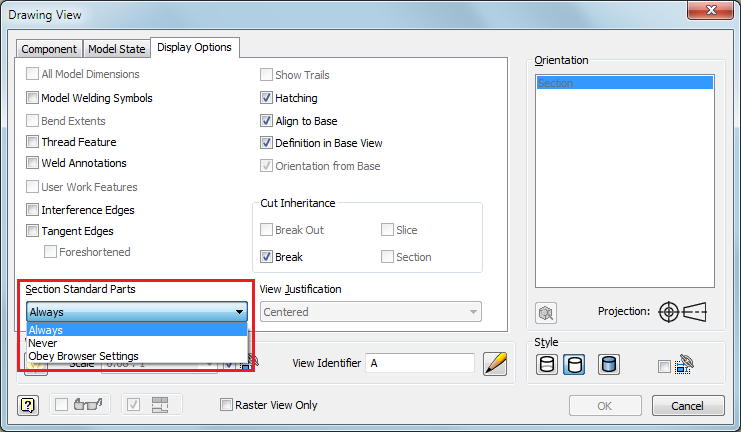 Standard parts not included in section view in Inventor drawing