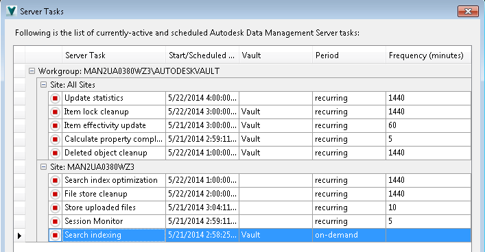 Vault search index server task start but do not progress for several days