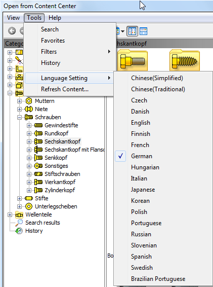 How to change the language of Content Center parts in Inventor