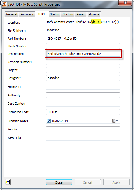 How to change the language of Content Center parts in Inventor