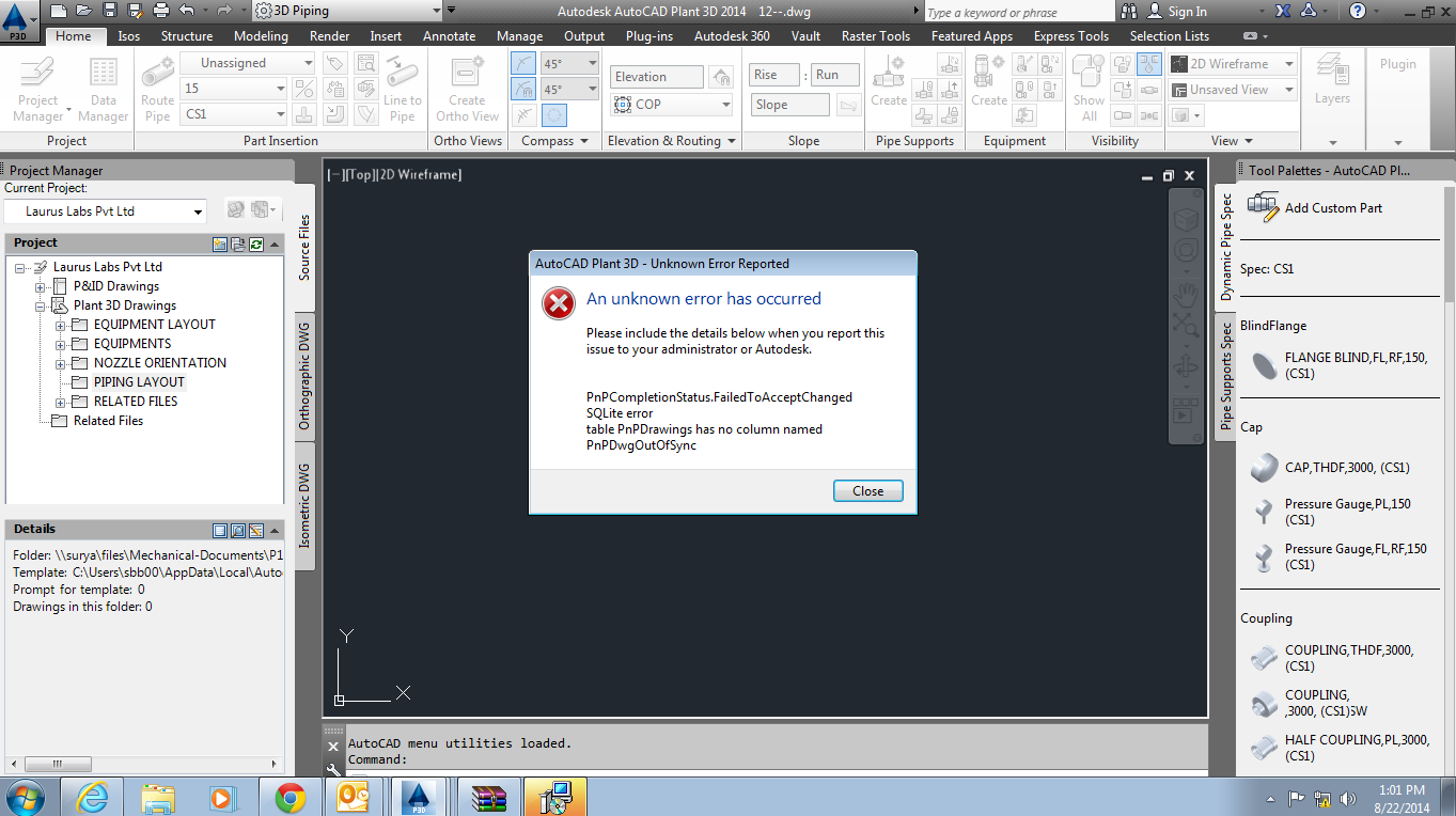 Error: "An unknown error has occurred" when creating a new project drawing in AutoCAD Plant 3D