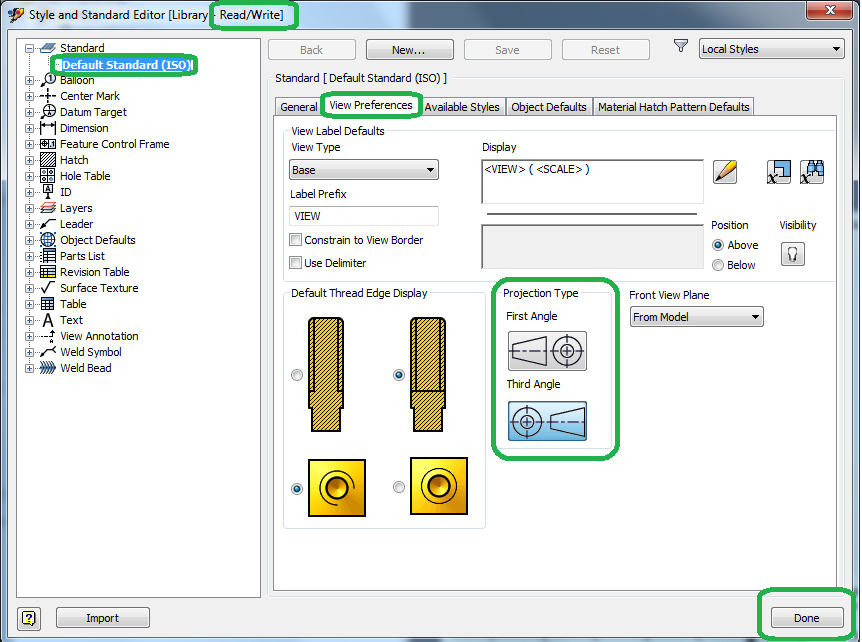 How To Set First Or Third Angle Projection View In Drawing Inventor 