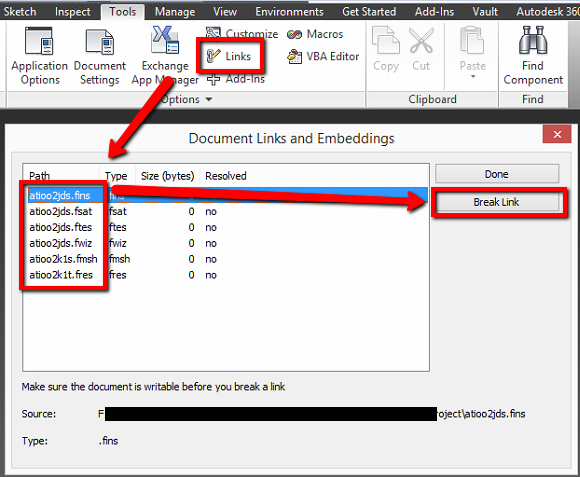 Resolve Link dialog box when opening file with FEA results in Inventor