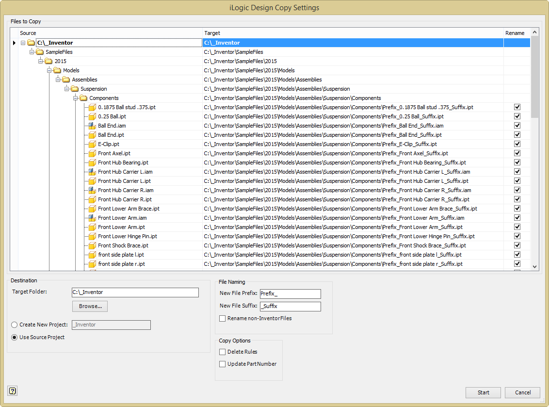 How to copy assemblies including references with Prefix and Suffix using Inventor