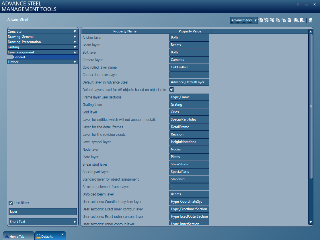 How to change in Advance Steel the automatic layer assignment settings