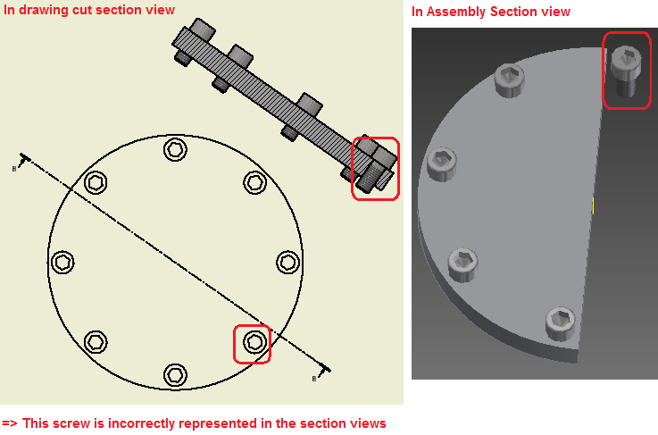 Screws incorrectly represented in cut section view