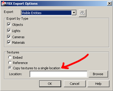将 FBX 文件从 AutoCAD 导入到 3ds Max 中时，不会导入纹理