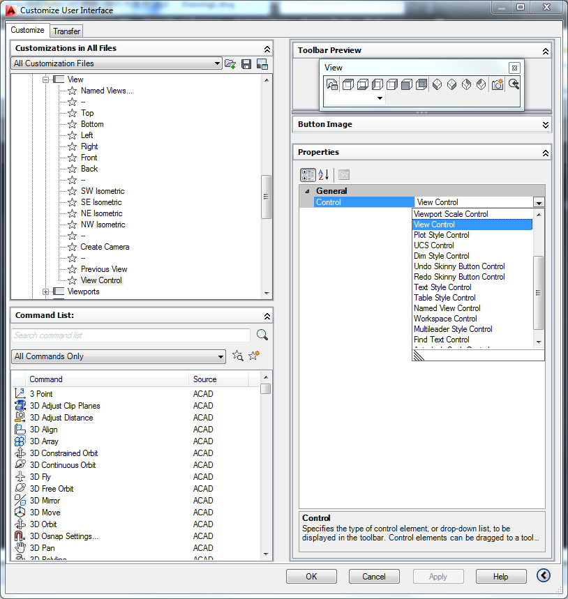 How to display both standard views and named views in the View toolbar in AutoCAD