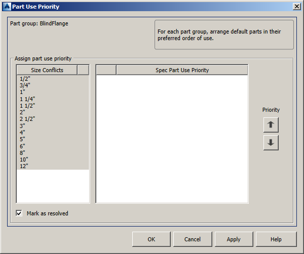 AutoCAD Plant 3D: Assign part use priority to multiple sizes in the spec