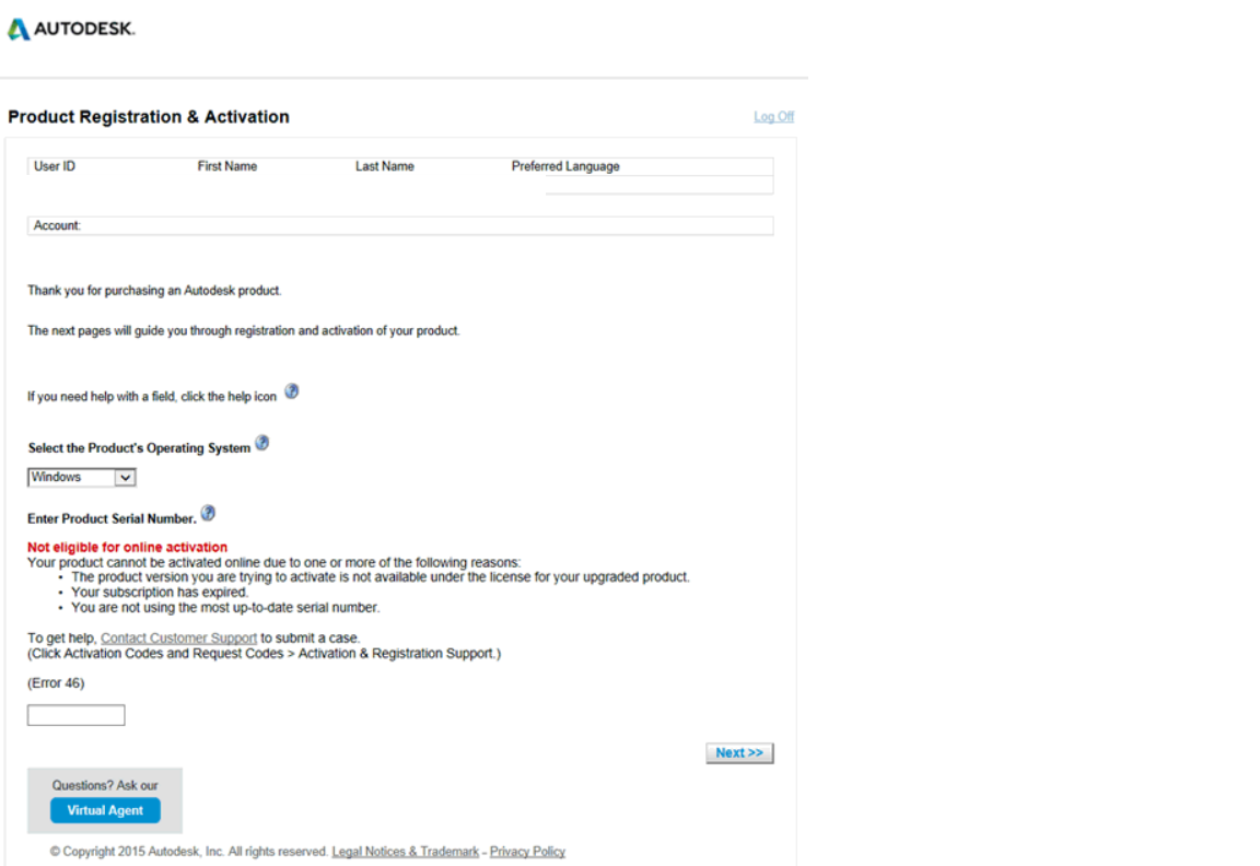 Error 46 when activating a serial number