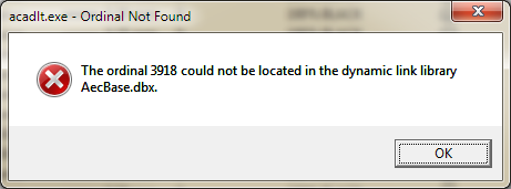 启动 AutoCAD 时出现错误：“在动态链接库中找不到序号”