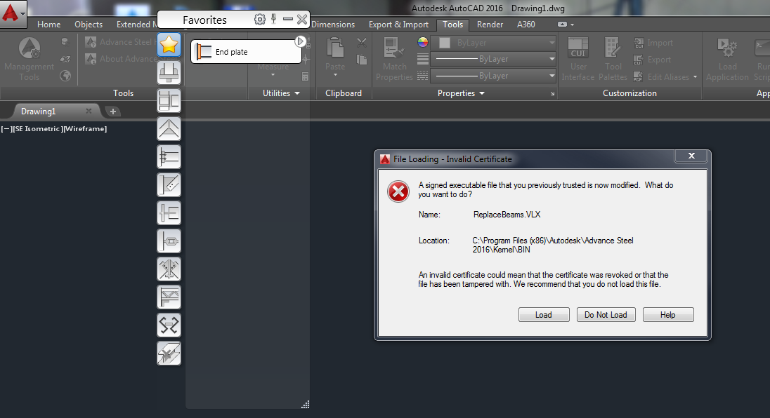 Advance Steel: Warning message of invalid certificate for signed executable file "ReplaceBeams ...