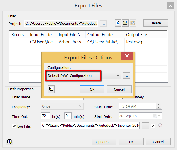 Where is the location of 'Default DWG Configuration' when exporting Inventor drawings as AutoCAD ...