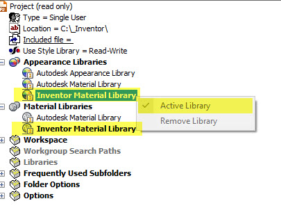 Material library not accessible via the Material browser in Inventor