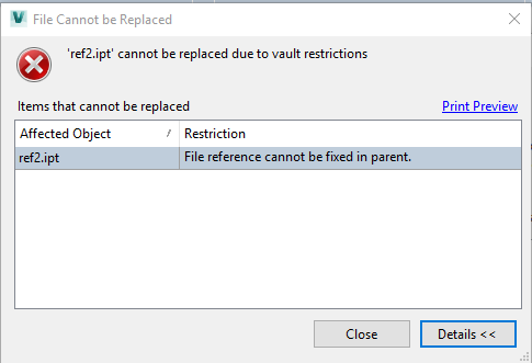 Replace derived part with Vault fails: 'File reference cannot be fixed ...