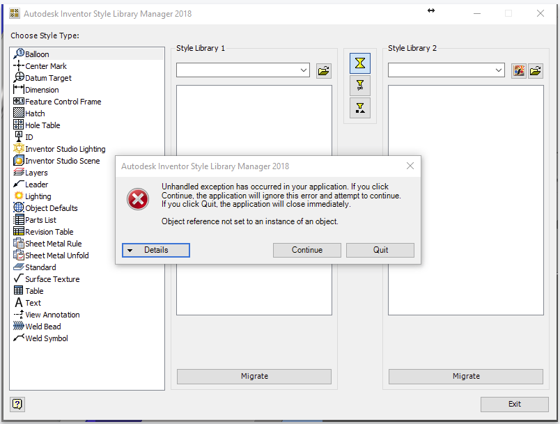 Error: "Unhandled exception" when opening the Inventor Styles Library ...