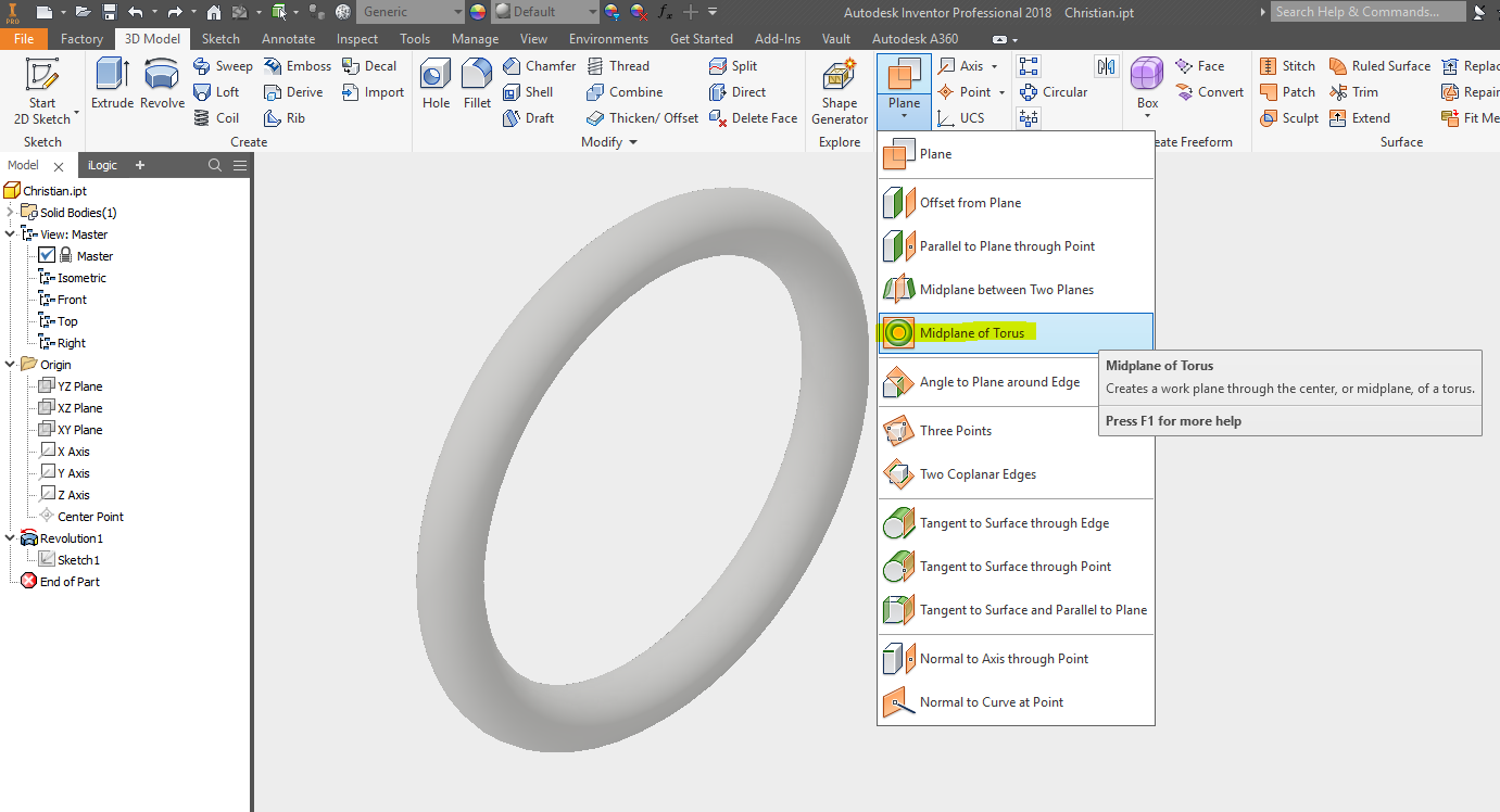 Cannot Create Sketch Plane On A Revolved Circle Or O Ring Surface In Inventor 