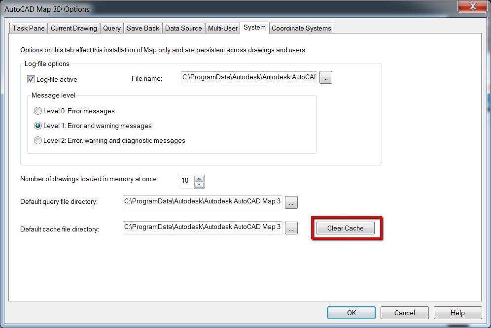 How to delete cache files in AutoCAD Map 3D