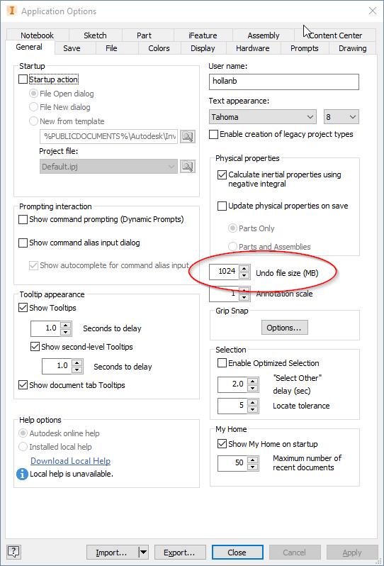 How to increase the Undo file size in Inventor