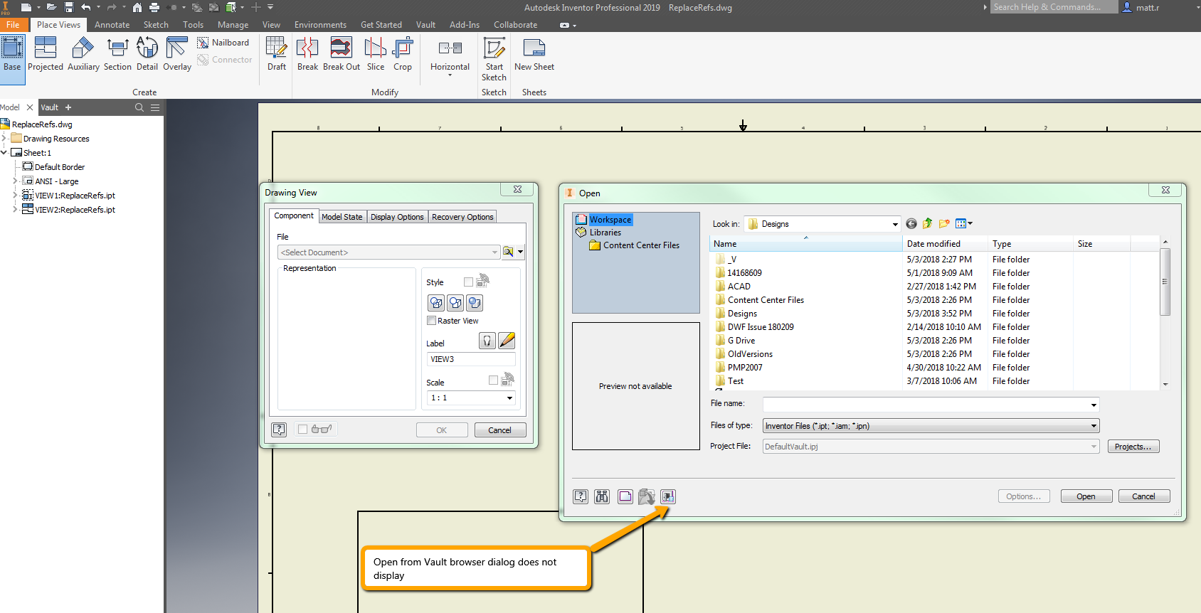 Place from Vault dialog does not display for Place View > Drawing View command in Inventor