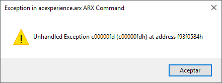 "Exception in acexperience.arx ARX Command" when starting AutoCAD