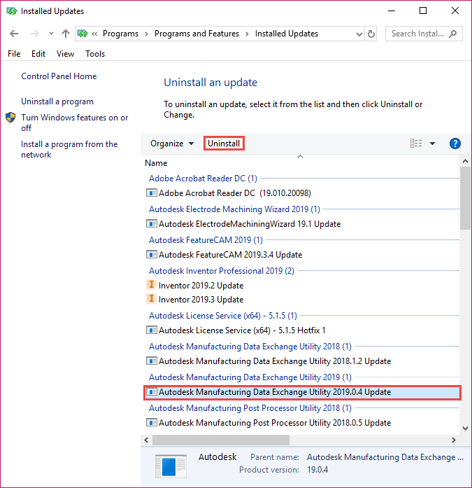 如何回退到 Autodesk Manufacturing Data Exchange Utility 的先前更新