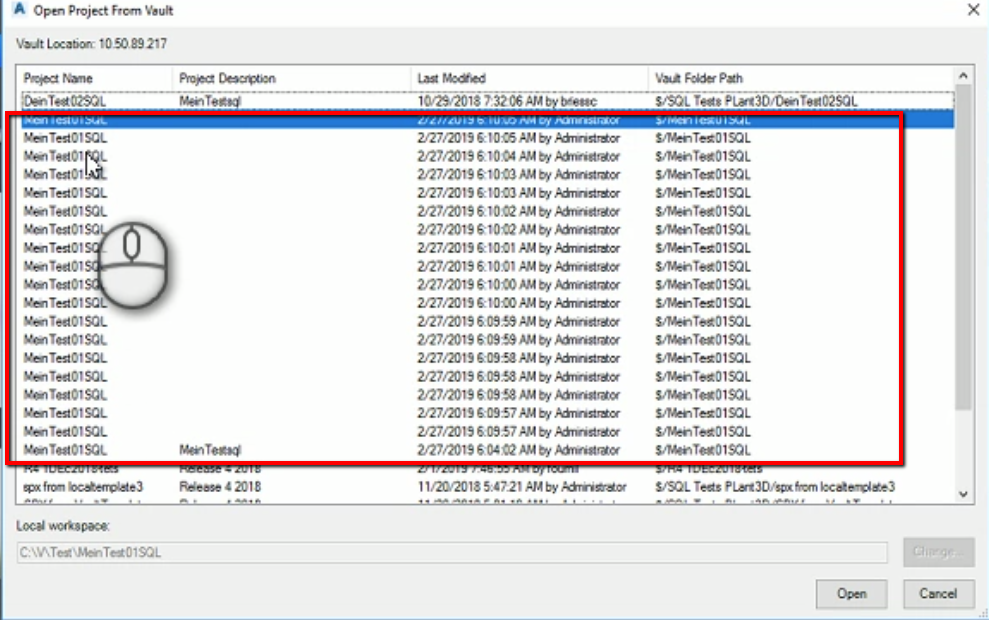 在 Autocad Plant 3d 中单个 Vault 项目的“从 Vault 打开”对话框中显示多个项目。
