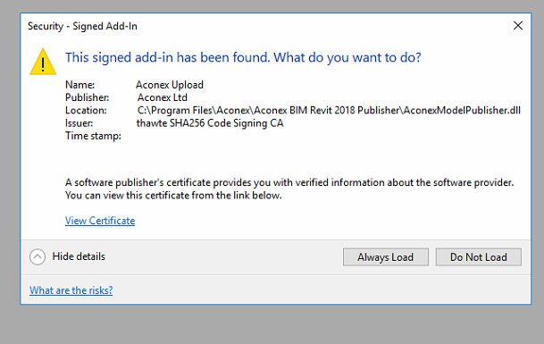 The code signing window always appears when launching Revit