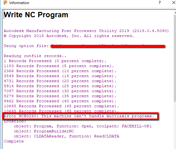 "Broken Connection" - "This machine can't handle multi-axis programs" in PowerMill