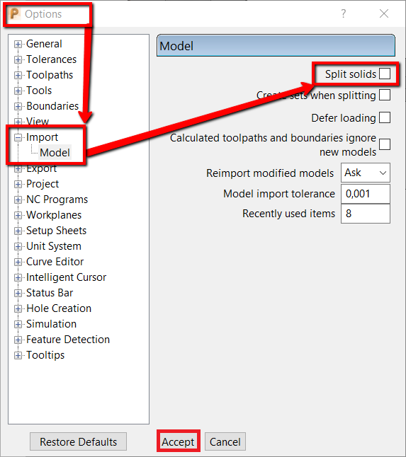 How to import a STEP file into PowerMill without splitting into multiple surfaces or components