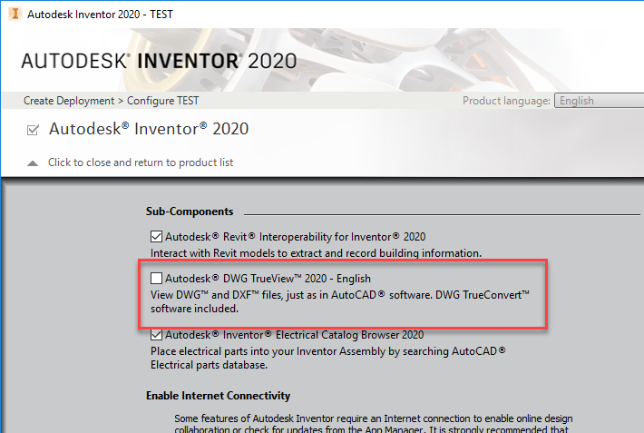 How to exclude DWG TrueView from Inventor deployment image versions 2021 and earlier
