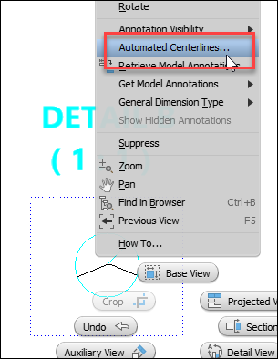 Automated centerlines are not generated for a detail view of a specific section view in Inventor