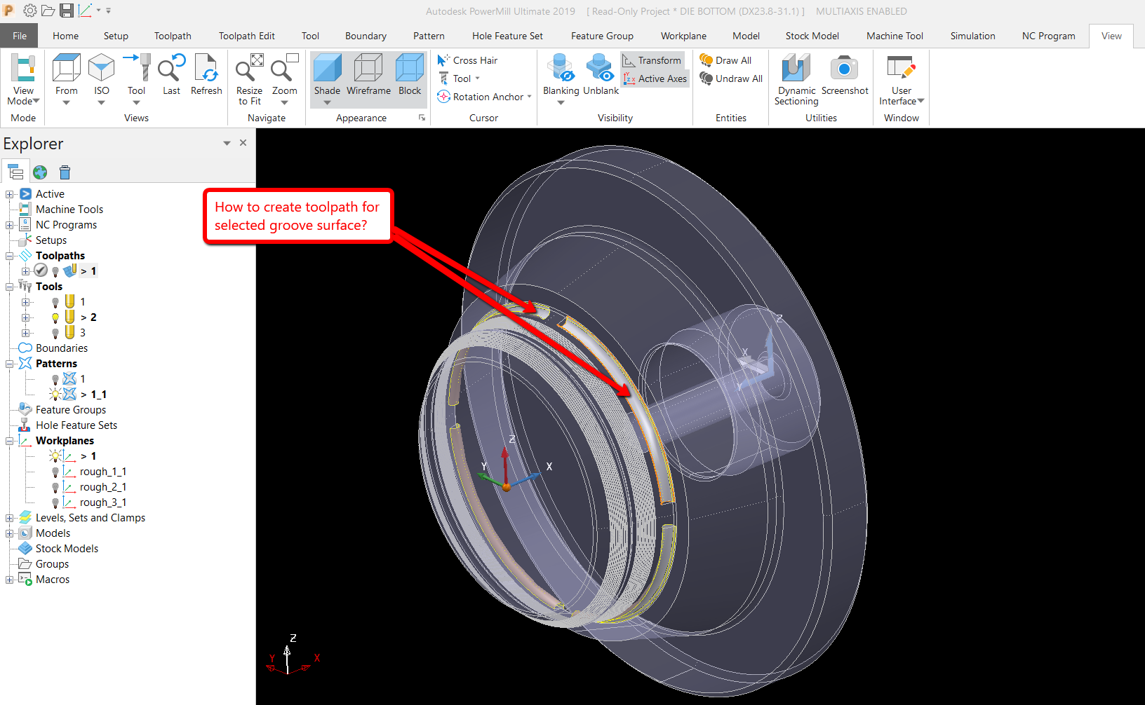 How to create a surface finishing toolpath with tool axis Towards Line ...