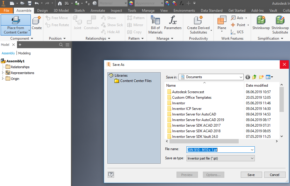 Additional "Save As" dialogue appears when placing a part from Inventor Content Center with Data ...