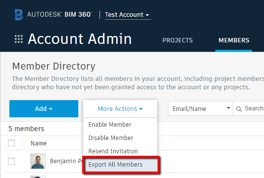 Export list of all project admins and members within a BIM 360/ACC account