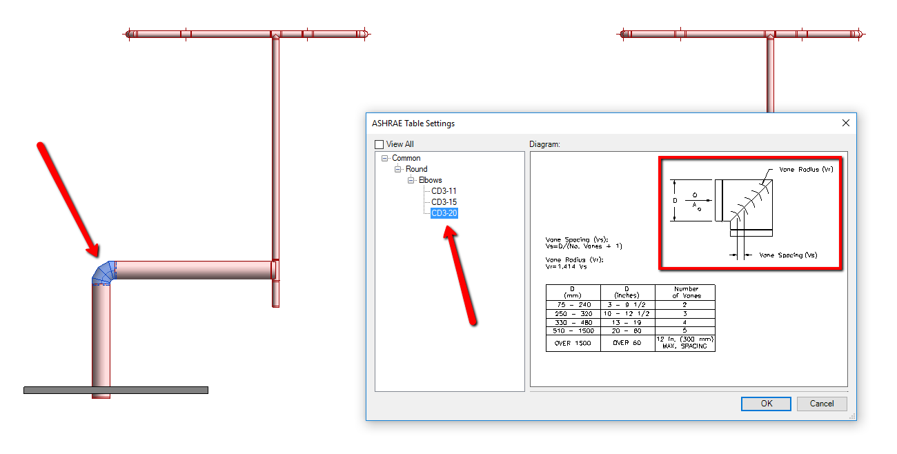An incorrect code (CD3-20) is assigned from ASHRAE tables to the elbow ...