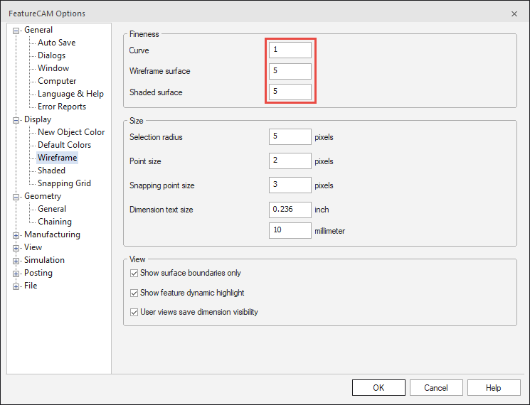 와이어프레임과 모델 지오메트리는 FeatureCAM에서 선형으로 표시/깎인면으로 표시됩니다.