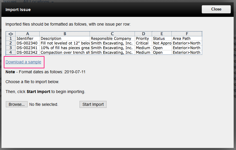 Sample import spreadsheet for BIM 360 Field (classic) appears to be missing custom properties