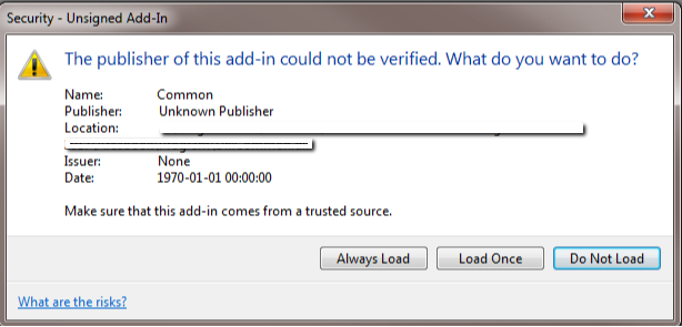 "The publisher of this add-in could not be verified" after installing a ...