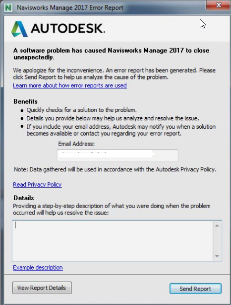 Navisworks 无法启动并崩溃并显示“错误报告”窗口