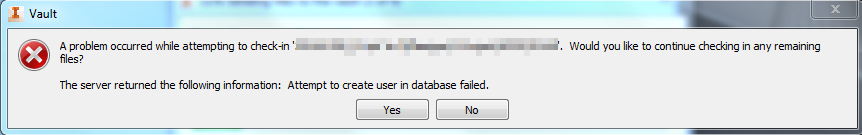 database failed" when check in or check out files from Vault
