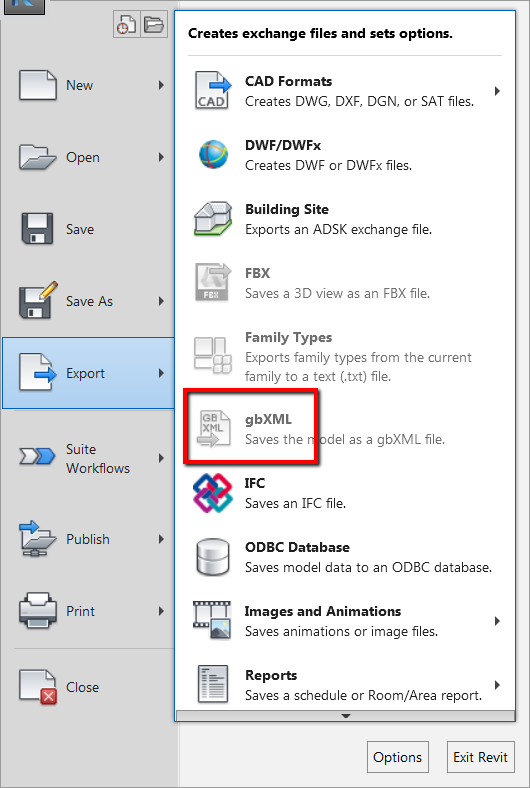 The gbXML option in the Export menu is dimmed