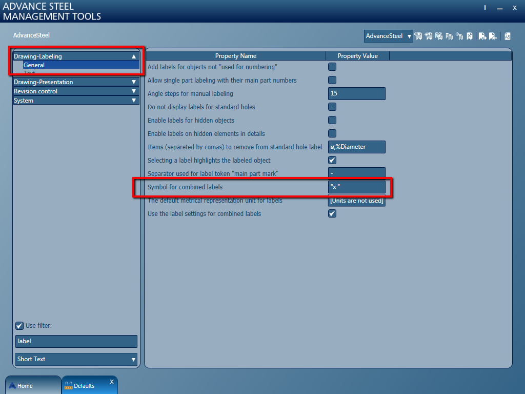 Advance Steel: How to modify the symbol for combined labels text