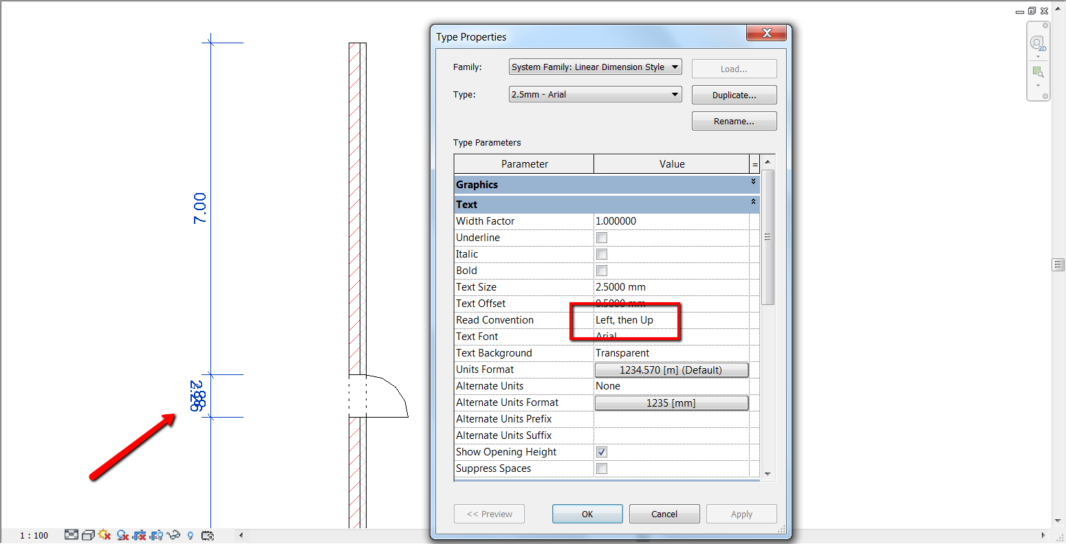 Display issue of dimensions at various "Read convention" settings in Revit