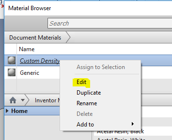 How to assign a custom Density or other properties to a specific Inventor part file
