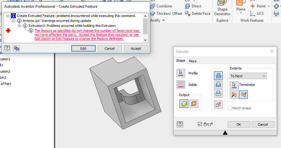 Cannot Extrude to Next in an Inventor part file trying to fill internal cavity