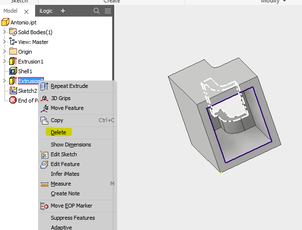 Cannot Extrude to Next in an Inventor part file trying to fill internal cavity