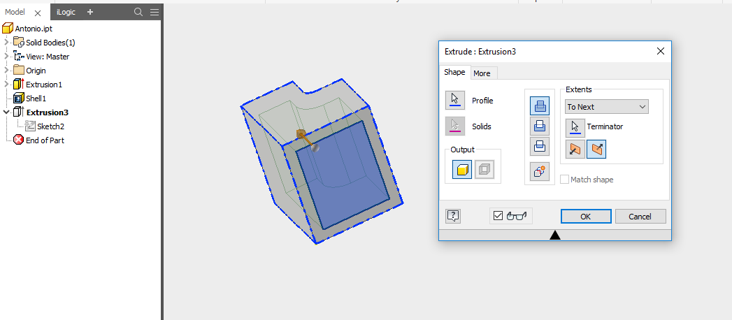Cannot Extrude to Next in an Inventor part file trying to fill internal cavity